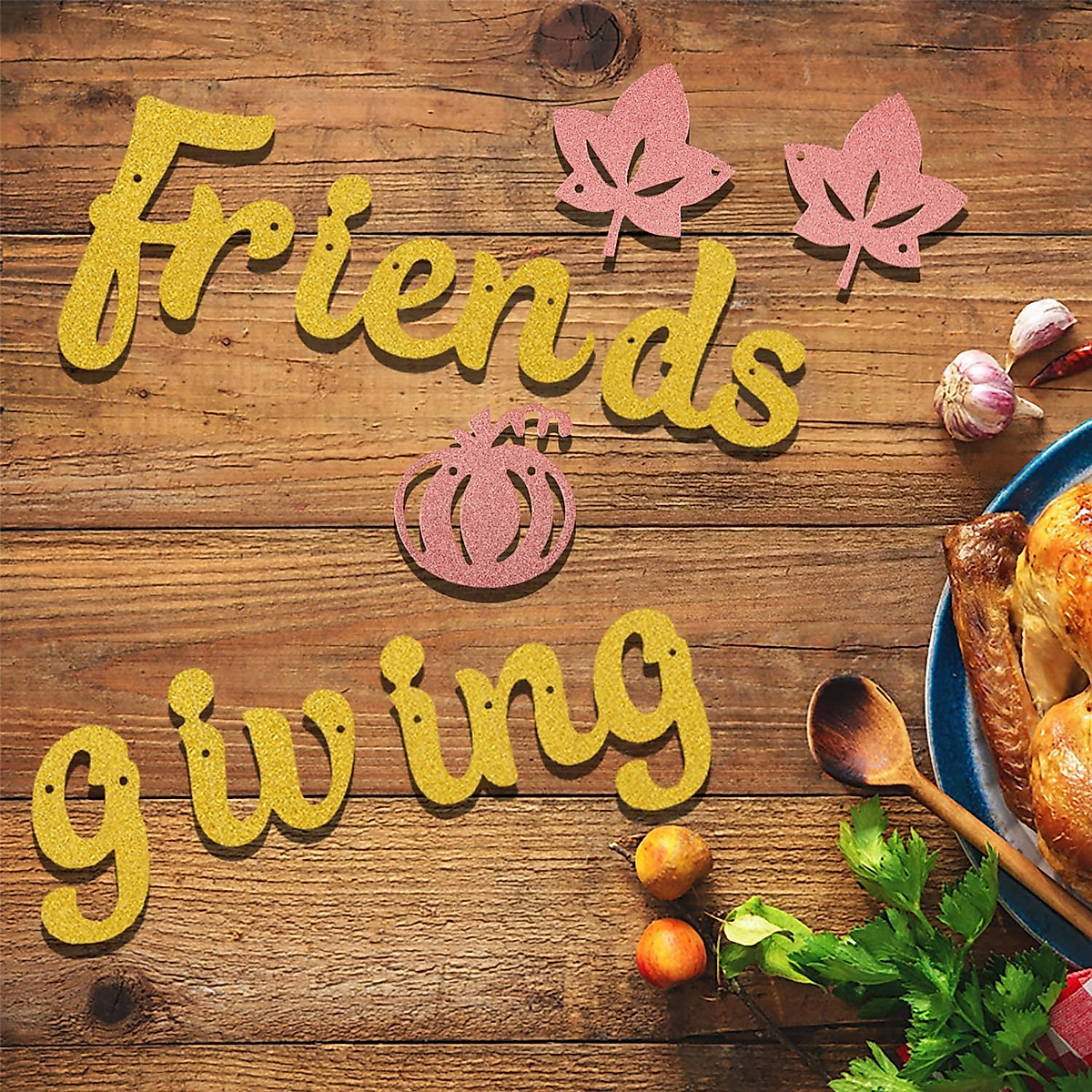 Friendsgiving Banner,Friendsgiving Decorations,Fall Autumn Friend Party,Thanksgiving Banner Friends Party Decorations Supplies (Gold Friendsgiving)