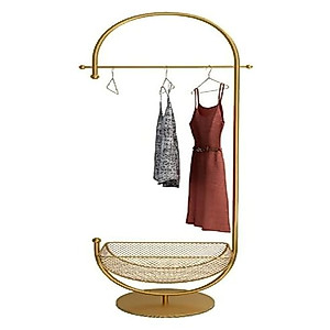 Clothes Rail Garment Rack Gold Clothing Racks With Marble Base Modern Gold Coat Racks With Storage Basket Vertical Hanging Clothes Rack For Bedroom Heavy Duty Garment Racks In Hallway, Entryway ( Colo