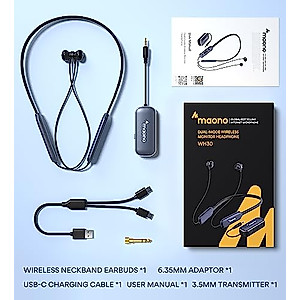 MAONO Wireless Neckband Headphones, WH30 Semi-in-Ear Monitor Earbuds with 3.5MM Transmitter, Dual Mode 2.4G/BT 5.3 Stable Wireless Transmission Light Weight 12Hrs Playtime