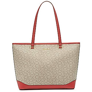Calvin Klein Mercy Signature Top Zip Tote, Textured Almond/Taupe/Maraschino