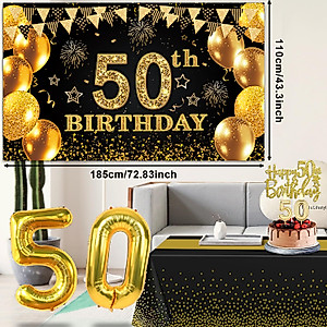 50th Birthday Decorations Men Women with 50th Birthday Banner, Black and Gold Table Cloth, 50 Number Balloons, 50th Birthday Sash, 50th Birthday Cake Topper and 50th Birthday Candles