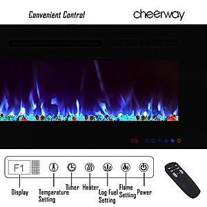 Cheerway 42 inch Electric Fireplace with Heater, Wall Mounted & Recessed Electric Fireplace Insert, Linear Wall Fireplace w/Thermostat, 13×13 Flame Color, Remote & Touch Control w/Timer, 750W/1500W