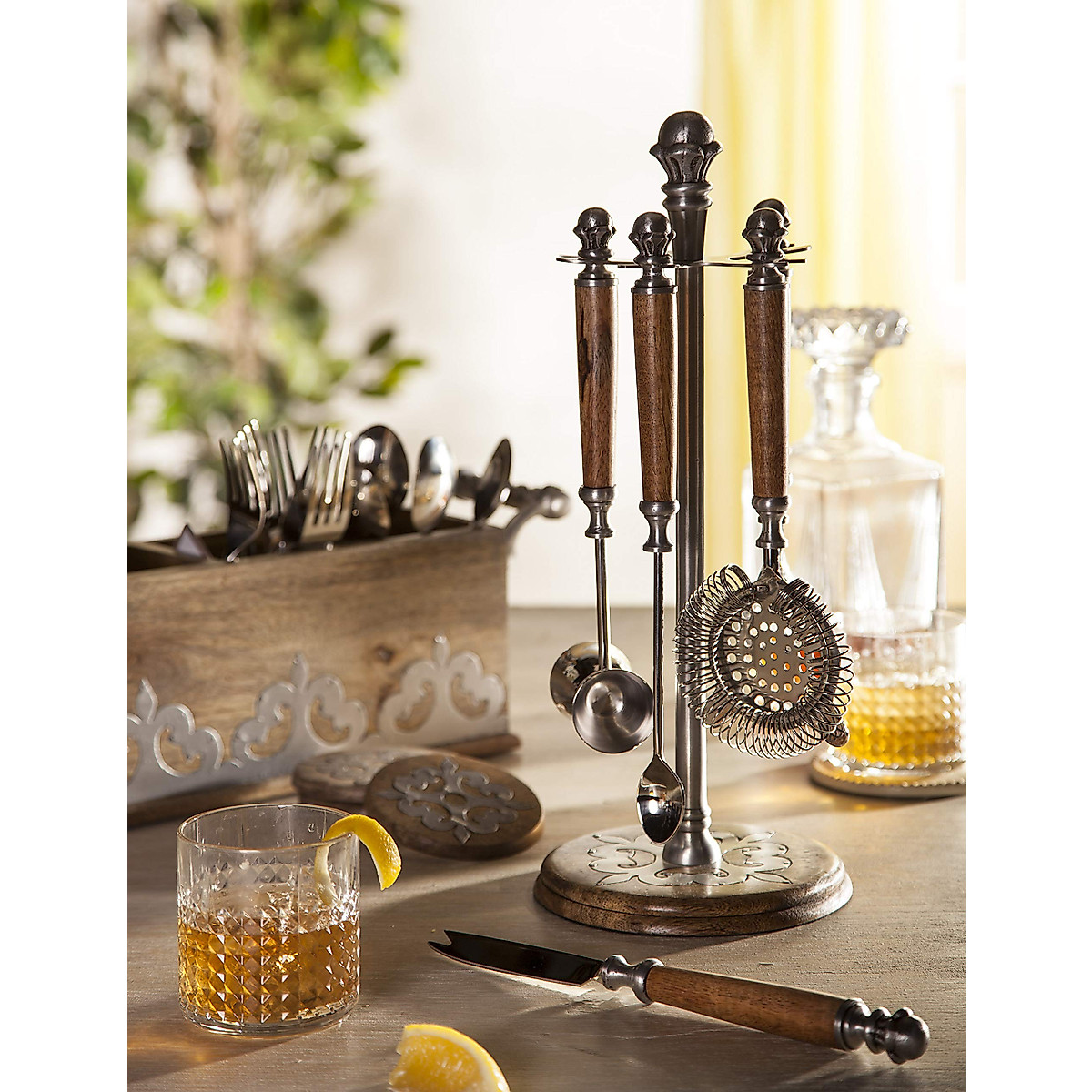 Heritage Collection Wood and Inlay Metal Flatware Caddy