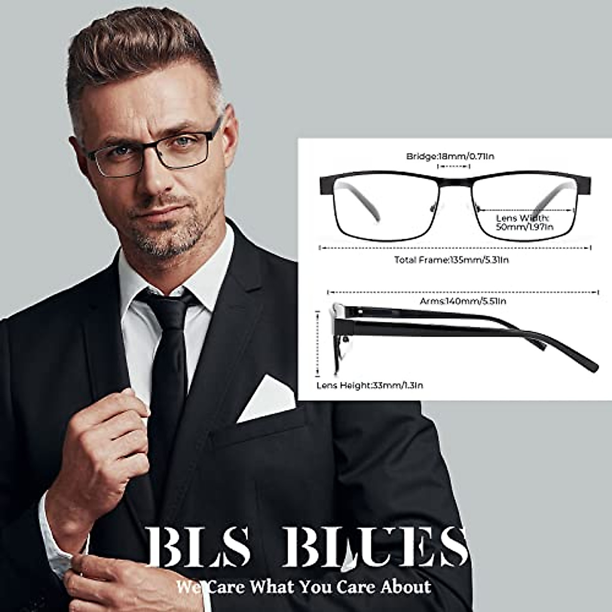 BLS Businessman Rectangular Reading Glasses - Professional Durable Readers - Blue-Light Blocking Lenses