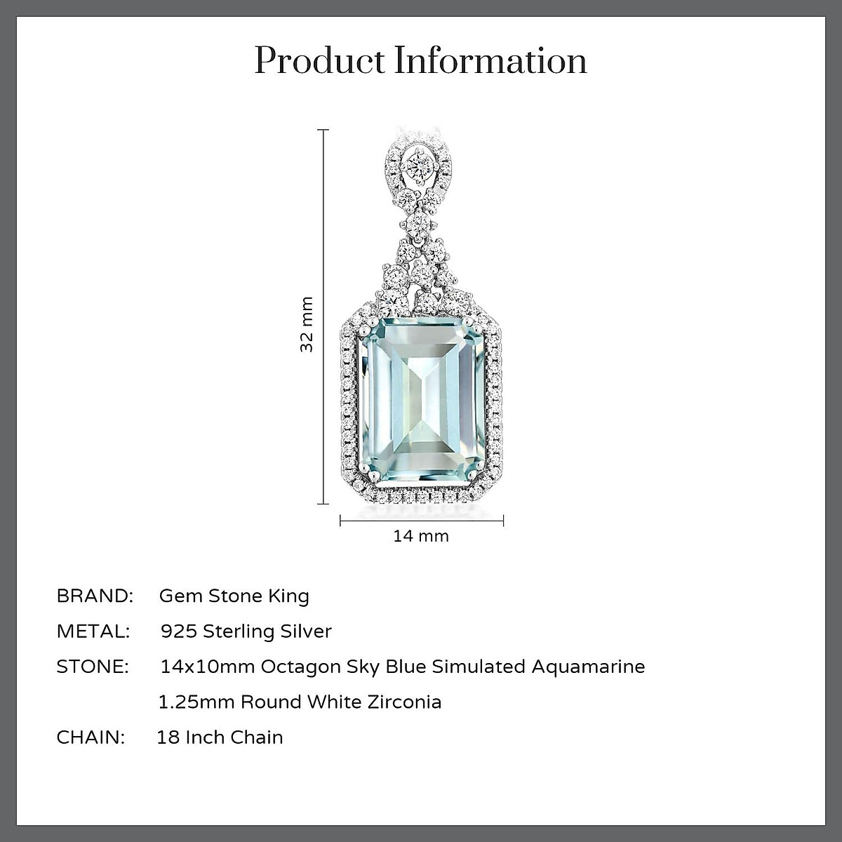 Gem Stone King 7.24 Cttw Sky Blue Simulated Aquamarine Necklace In 925 Sterling Silver | Emerald Cut 14X10MM Pendant Necklace For Women | With 18 Inch Silver Chain