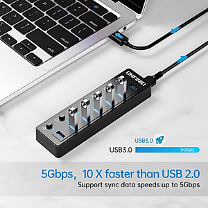 ONFINIO USB Hub, 7 Port USB Hub 3.0 with 3.3ft USB Cable Multiple Port with Individual LED On/Off Switches USB Splitter for Laptop & PC