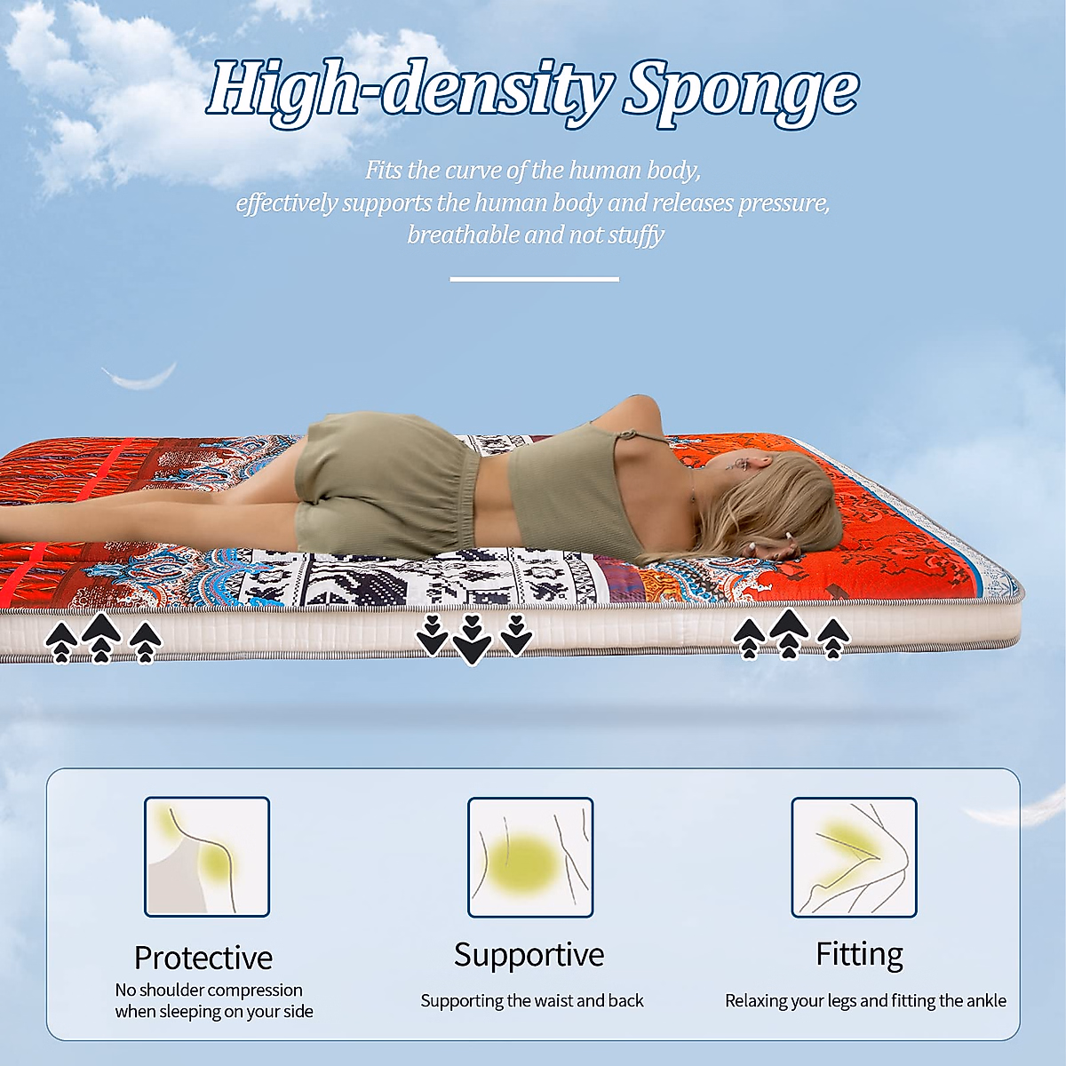 HIGOGOGO Japanese Floor Futon Mattress for Adults, Roll Up Sleeper Sofa Bed Mattress Replacement, Foldable Floor Bed Shikibuton Sleeping Pad, Pull Out Couch Mattress for Guest, Kids, Bohemian, Full