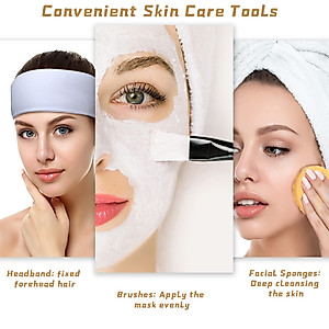 4 Pcs Spa Facial Headband Makeup Head Wrap Adjustable Towel with 30 Pcs Compressed Facial Sponges, 4 Pcs Facial Mask Fan Brushes for Facial Esthetician Supplies (Yellow, White, Orange)