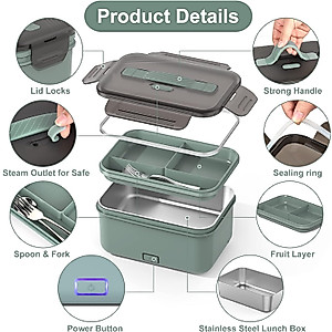 Vingud Electric Lunch Box 100W, 4 in 1 Heated Lunch Box for Adults, Portable Heating Lunch Box for Work/Car/Truck, with 1.8L Stainless Steel Container, 12V 24V 110V 220V, Green Grey