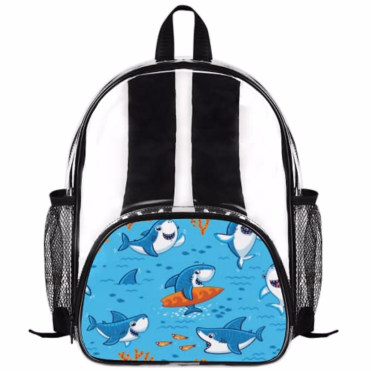 Cute Surfing Shark Clear Mini Backpacks, Transparent Backpack Heavy Duty PVC See Through Bookbags Casual Daypack with Reinforced Straps for Work, School, Security, Travel, Beach