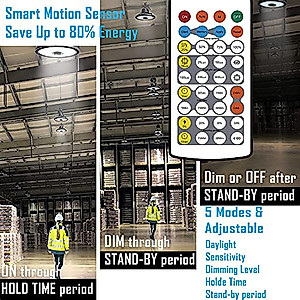 Promounts UFO High Bay LED Light, 6 Pack Commercial Bay Lighting with Motion Sensor for Garage/Warehouse/Gym, Remote Control, 150W 22500Lumen Energy Saving, UL Certified IP66 Waterproof