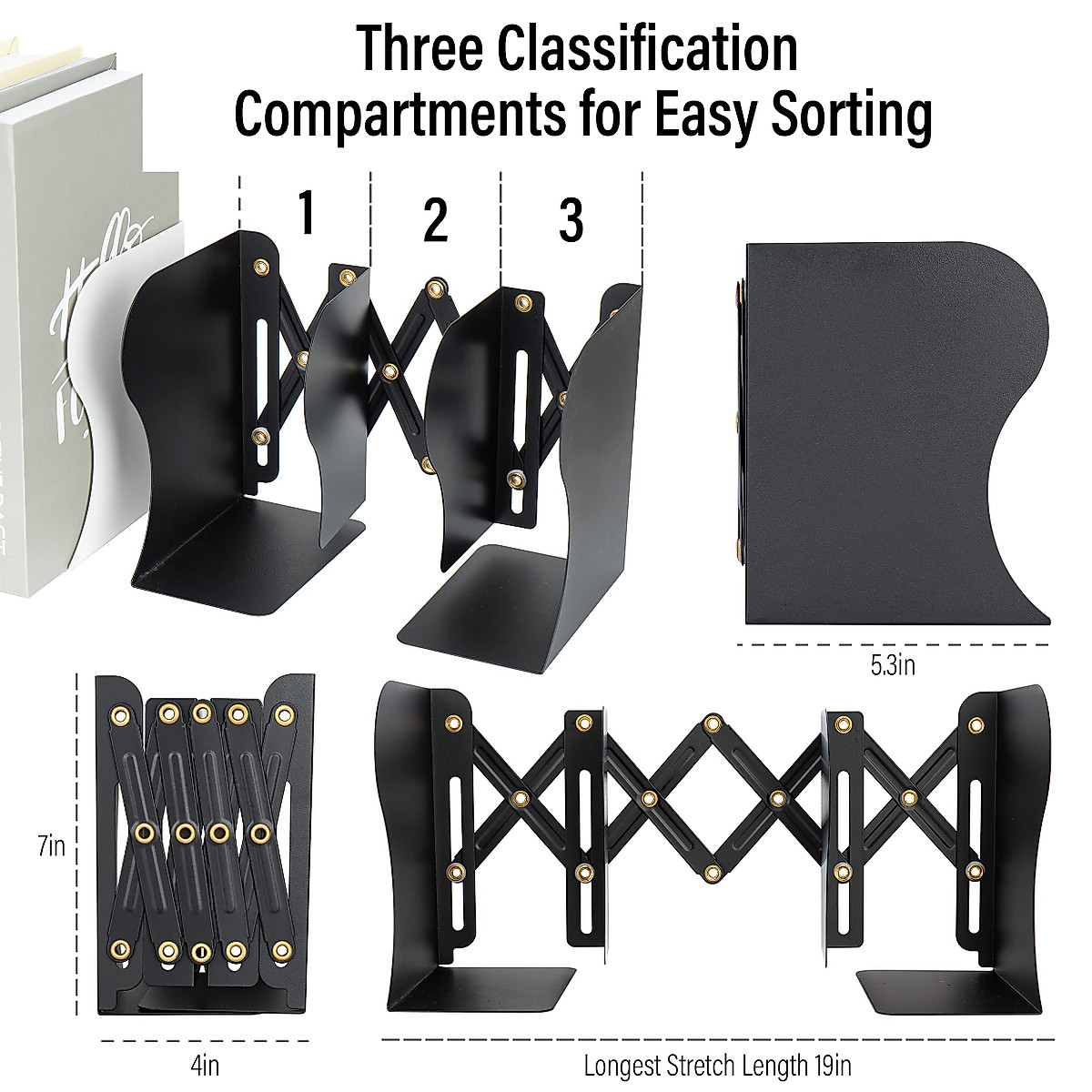 Expandable Bookend, Adjustable Metal Book End, Desk Magazine File Organizer Holder, Desk Organizer and Accessories for Office, Books, Papers, Extends up to 19 Inches (White)