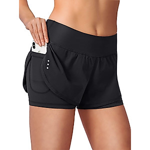 Soothfeel Women's 2 in 1 Running Shorts Workout Athletic Gym Yoga Shorts for Soothfeel Women with Phone Pockets Black