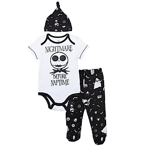 Disney Nightmare Before Christmas Jack Skellington Oogie Boogie Sally Newborn Baby Boys Bodysuit Pants and Hat 3 Piece Outfit Set 3-6 Months