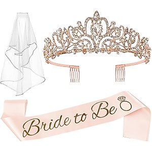 JETKONG 3 Pcs Bachelorette Party Decorations Bridal Shower Crown, Bride to Be Sash&Veil for Women Bachelorette Party Gifts, Bachelorette Party Supplies, Gifts, Favors (Rose Gold)