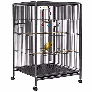 Pawhut Metal Bird Cage with Stand for Parrots, Lovebirds, Finches, Large Bird Cage with Swing, Stainless Steel Bowls, Removable Tray for Small Birds, Gray