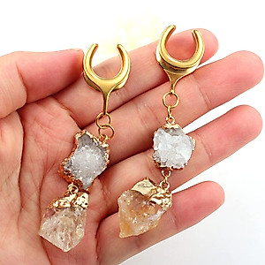 Earblity 10mm (00g) Natural Stone Dangle Saddle Ear Plugs Tunnels Weights Gold Hypoallergenic Stainless Steel Flesh Piercing Ear Gauges Expander For Women Body Jewelry 2PCS