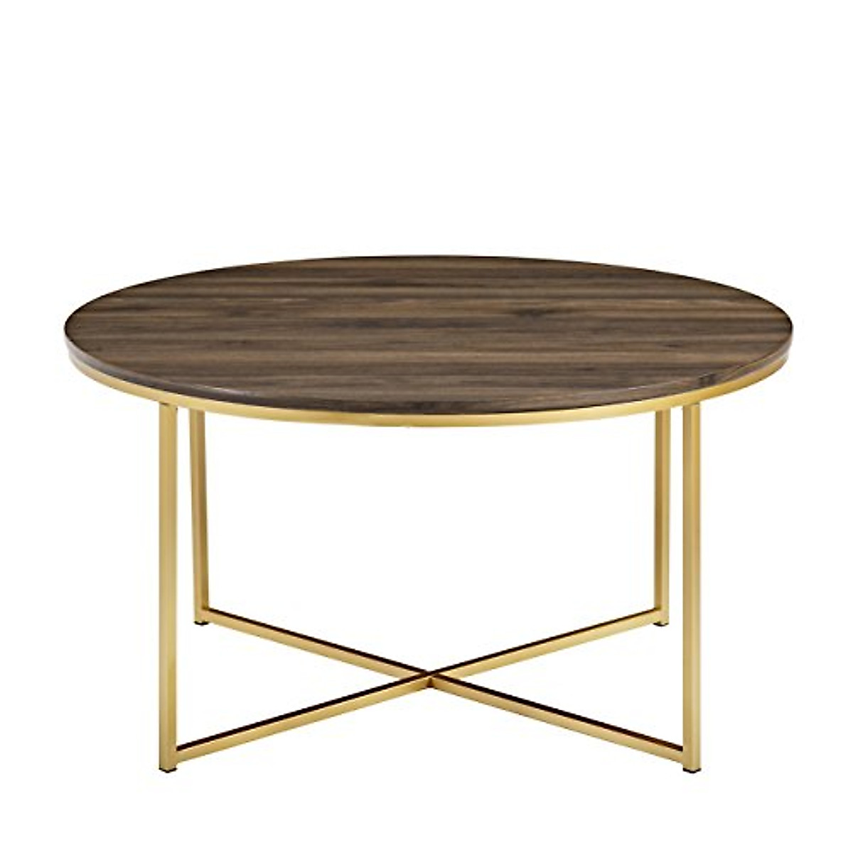 Walker Edison Cora Modern Round Faux Marble Top Coffee Table with X Base, 36 Inch, Walnut and Gold