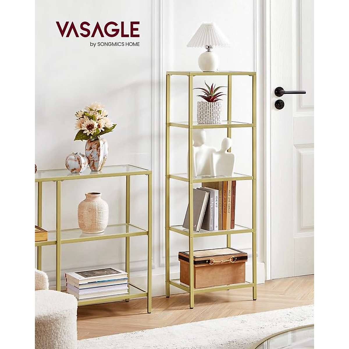 VASAGLE Bookcase, 5-Tier Bookshelf, Slim Shelving Unit for Bedroom, Bathroom, Home Office, Tempered Glass, Steel Frame, Gold Color ULGT029A01