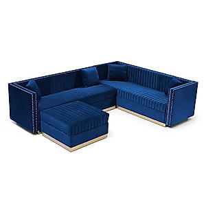 EMKK Modular Sectional Couch L Shaped Sofa with Ottoman,4 Pillows,Vertical Channel Tufted Velvet Sofá w/Wide Chaises,Upholstered Corner Sofa&Couch for Living Room Apartment, E-Blue