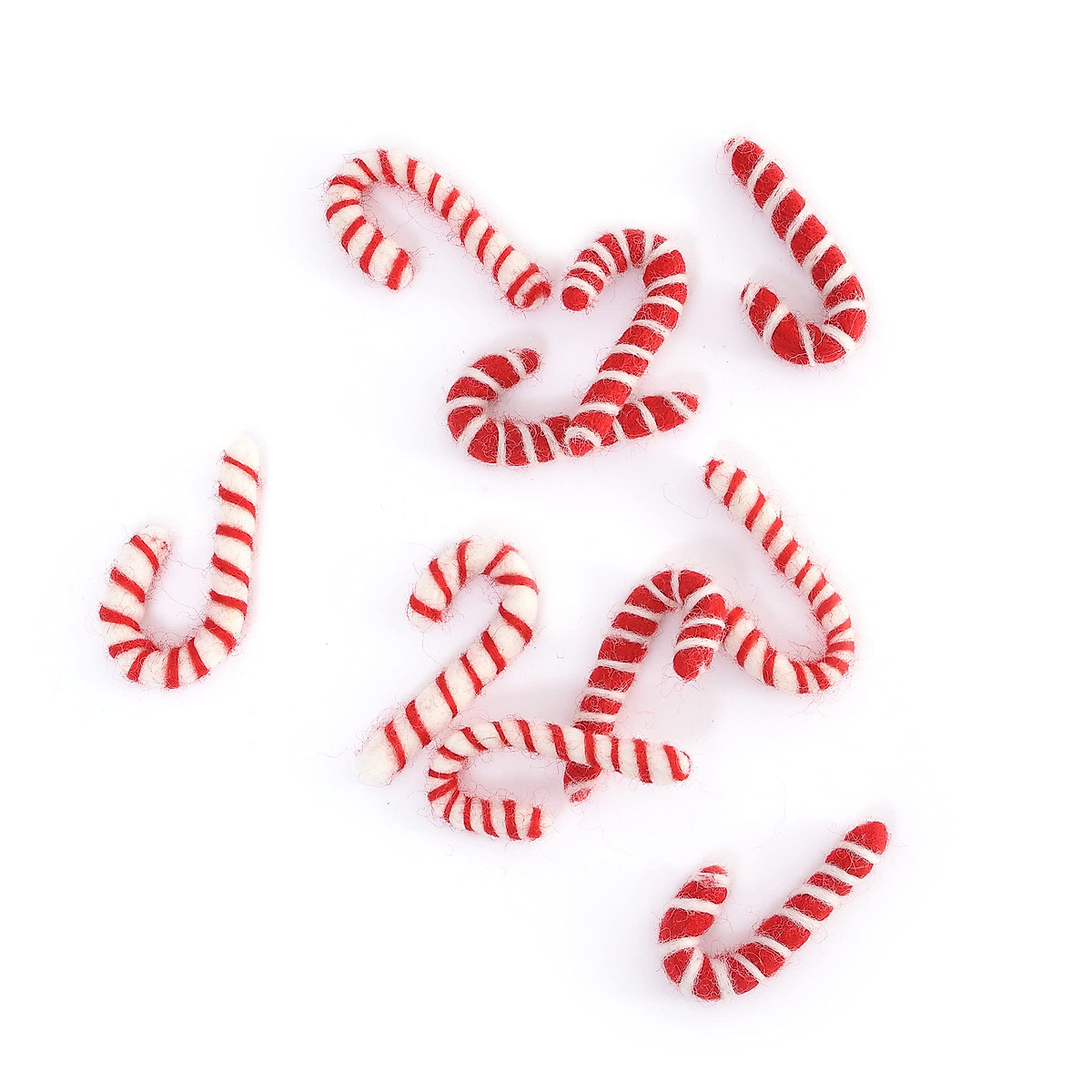 Glaciart One Felt Candy Cane Decoration (Red/White)- DIY Garland, Arts Crafts Supplies, Cute Home Decor for Christmas - Baby Mobile Ornaments - Hand-Felted Natural Wool Material - Set of 10