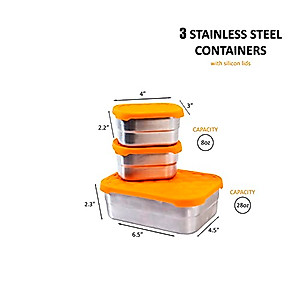US FIVESTAR Stainless Steel Snack Containers with Silicone Lids Set of 3-Stainless Steel Food Container –Perfect Metal Lunch Snack Container Leakproof Lunch Box Sandwich Containers