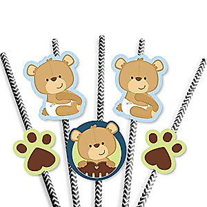Baby Boy Teddy Bear Paper Straw Decor - Baby Shower Striped Decorative Straws - Set of 24