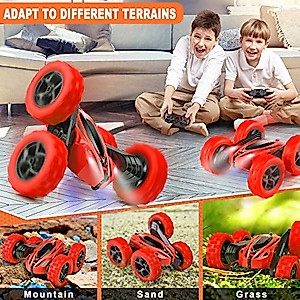 ORRENTE RC Stunt Car Toy , Offroad Remote Control Monster Trucks 4WD 2.4Ghz Rock Crawler with Headlights, Double Sided 360° Flips Toys Gift for Kids Boys Girls (Red)
