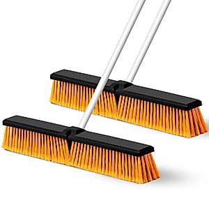 Suclain 2 Pcs Push Broom Outdoor Wide Heavy Duty Broom with Long Handle Stiff Bristles Concrete Brush Commercial for Cleaning Bathroom Kitchen Patio Garage Shop Deck Concrete Tile Floor (18 Inch)