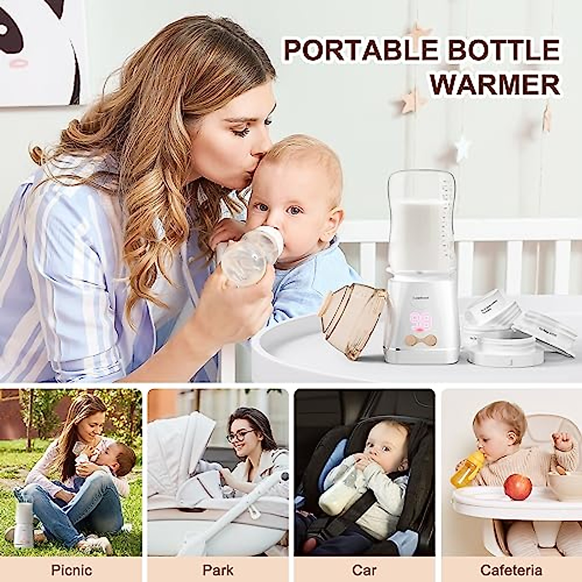 Bottle Warmer, Portable Bottle Warmer for Travel with 4 Adapters, Rechargeable Fast Heating Baby Bottle Warmer with Precise Temperature Selection for Baby Breastmilk, Water, Formula