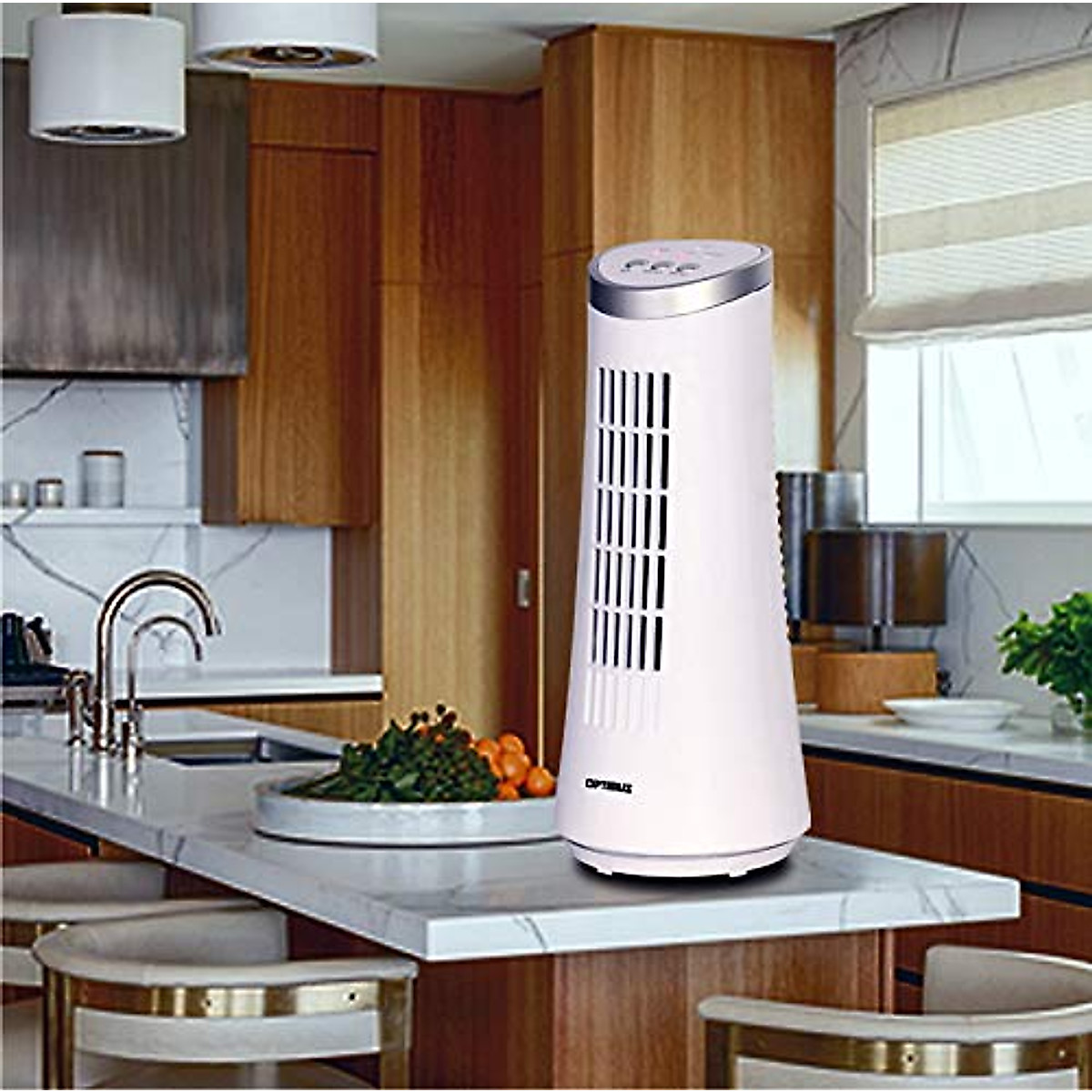 Optimus F-7345WH 12" Desktop Ultra Slim Oscillating Tower Fan, LED - White 12" Desktop Oscillating Tower Fan, White