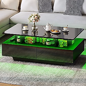 YITAHOME LED Coffee Table with Storage, High Glossy LED Coffee Tables for Living Room, Small Center Table with Open Display Shelf & Sliding Drawers, Black