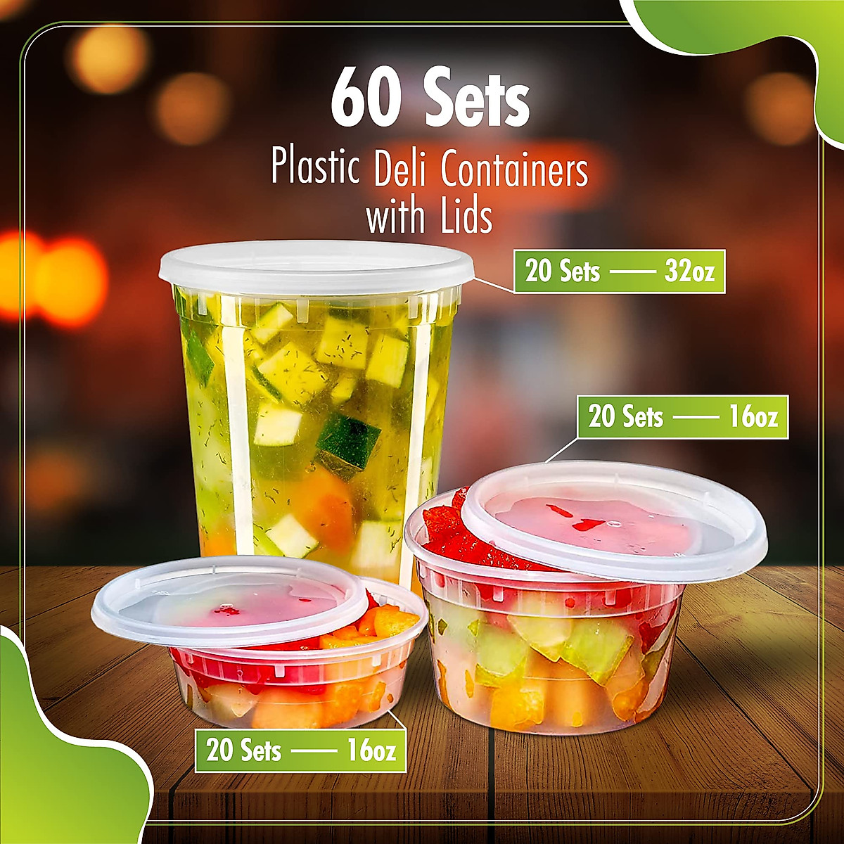 Deli Containers with Leakproof Lids-60 Sets [ 20sets-8oz, 20sets-16oz, 20sets-32oz] BPA-Free Plastic Microwaveable Clear Food Storage Container Premium Heavy-Duty, Freezer & Dishwasher Safe…