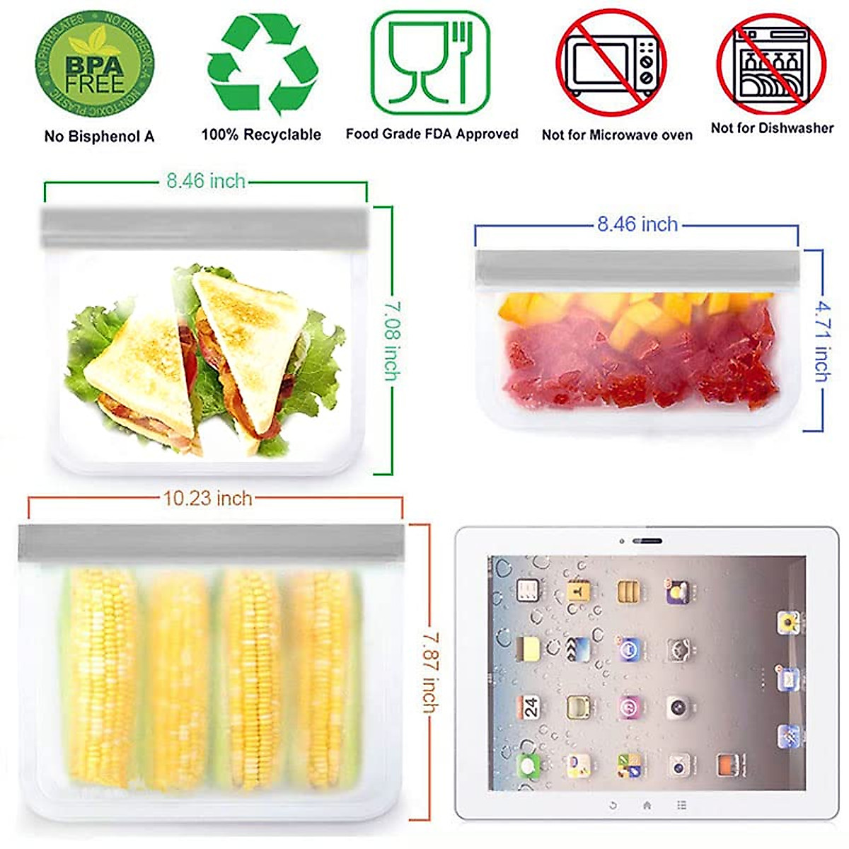 YECELINST 12 Pack Reusable Food Storage Bags, Dishwasher Safe Reusable Ziplock Bags (5 Sandwich Bags,5 Snack Bags,2 Gallon Bags),BPA Free Freezer Safe Leakproof Silicone Lunch Bag for Meat Fruit