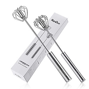 KSENDALO Push Whisk Set(12inch & 14inch) Stainless Steel Easy Whisk for Mixing Milk and Other Liquids, Automatic Whisk Push Saves Much Energy, Silver