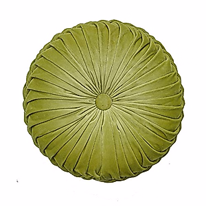 Cassiel Home Velvet Round Throw Pillow Green Summer Pleated Plush Pillow on Couch Pintuck Decorative Floor Cushion for Living Room Bedroom 14.5 inches