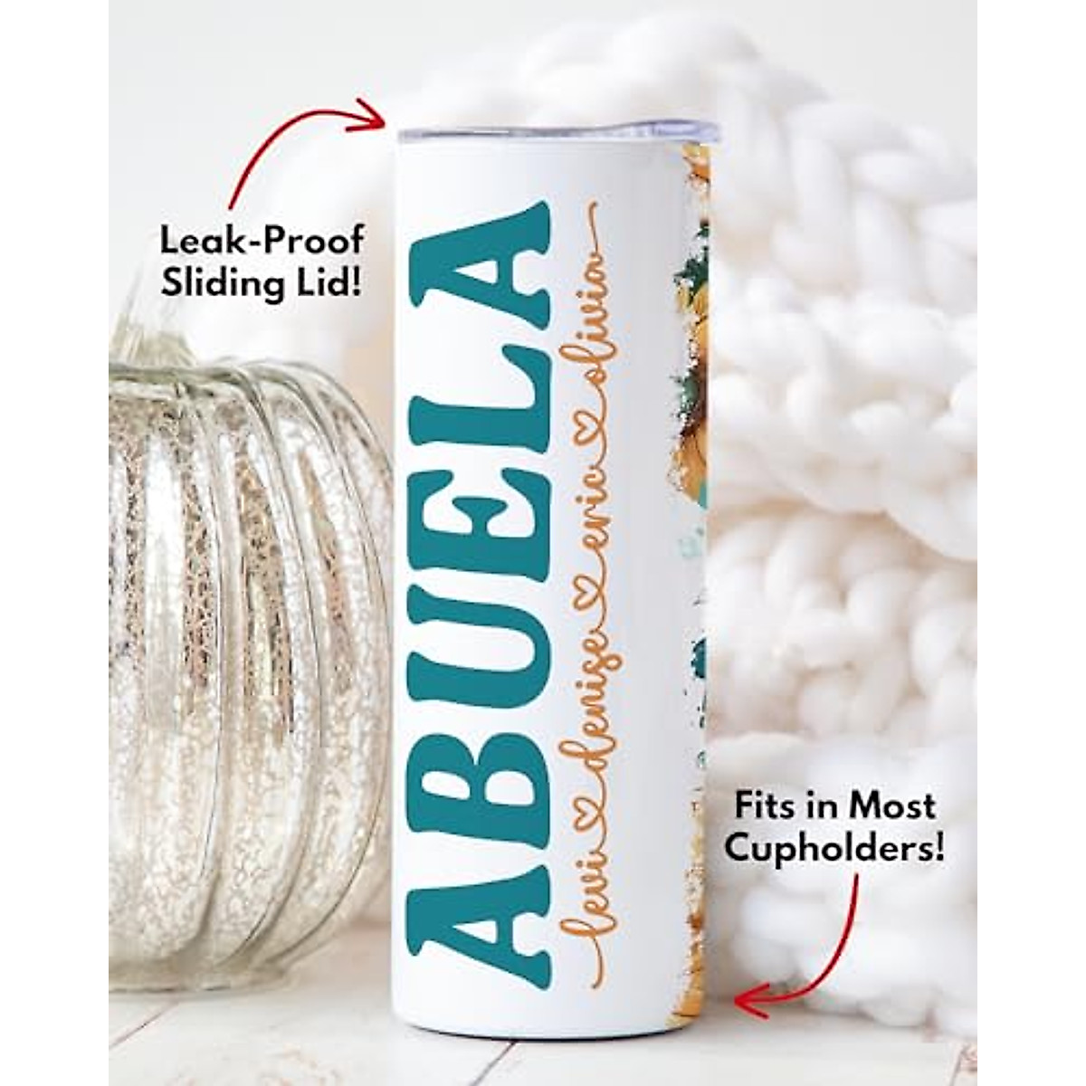 Personalized Abuela Tumbler, 20 oz Stainless Steel Sunflower Cup with Lid & Straw, Custom Grandma Gift with Grandkids’ Names, Spanish Grandmother Coffee Mug for Birthday, Mother’s Day or Christmas