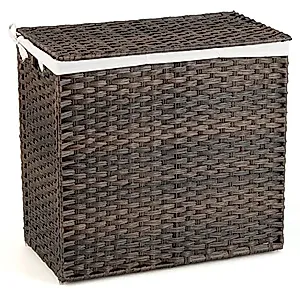 Giantex Laundry Hamper with Lid and Handle, 35 Gal (130L) Wicker Laundry Basket, 3-Section Removable Liner Bag, Synthetic Rattan Divided Clothes Hamper Storage Organizer for Bathroom (Brown)