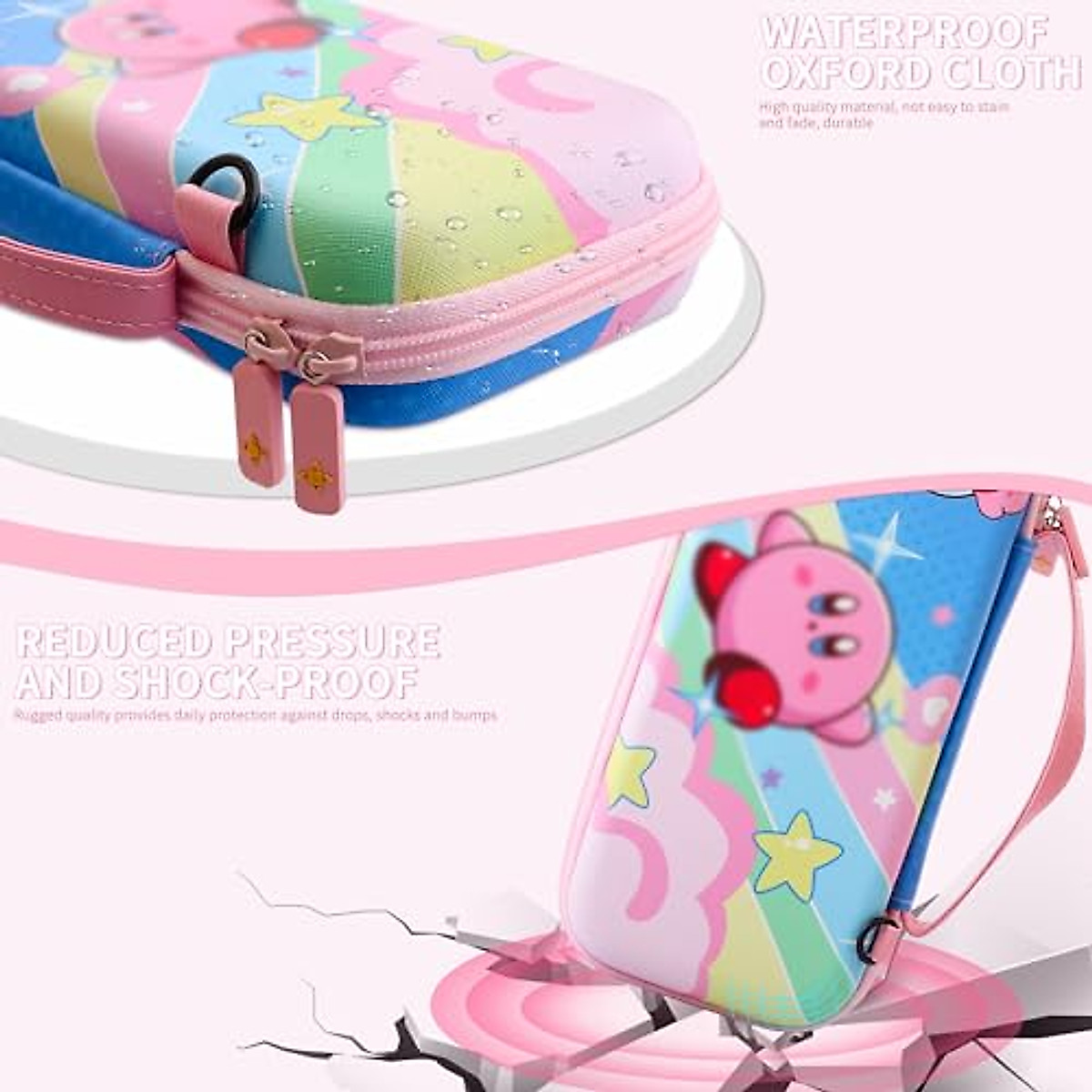 FUNDIARY Pink Carrying Case for Nintendo Switch with Kirby Design, Cute Shockproof Accessories for Switch Console Joycon with Travel Bag, TPU Skin Case, Screen Protector, Shoulder Strap & 2 Thumb Caps