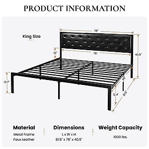 SHA CERLIN King Size Bed Frame, Metal Platform Bed with Faux Leather Upholstered Button Tufted Headboard, Mattress Foundation with 12.4” Storage, No Box Spring Needed, Easy Assembly, Black