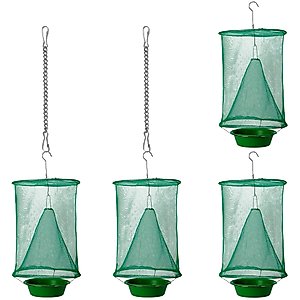 Ranch Fly Trap (4 Pack) with Adjustable Hanging Wire (2pcs) and Bait Tray | Indoor or Outdoor Fly Traps Hanging Cages for Farms, Park or Restaurants