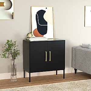 JOZZBY Buffet Cabinet with Storage, Accent Cabinet Modern Wooden Free Standing Sideboard with Doors, Black Side Cabinets with Adjustable Shelves for Living Room, Hallway, Set of 2