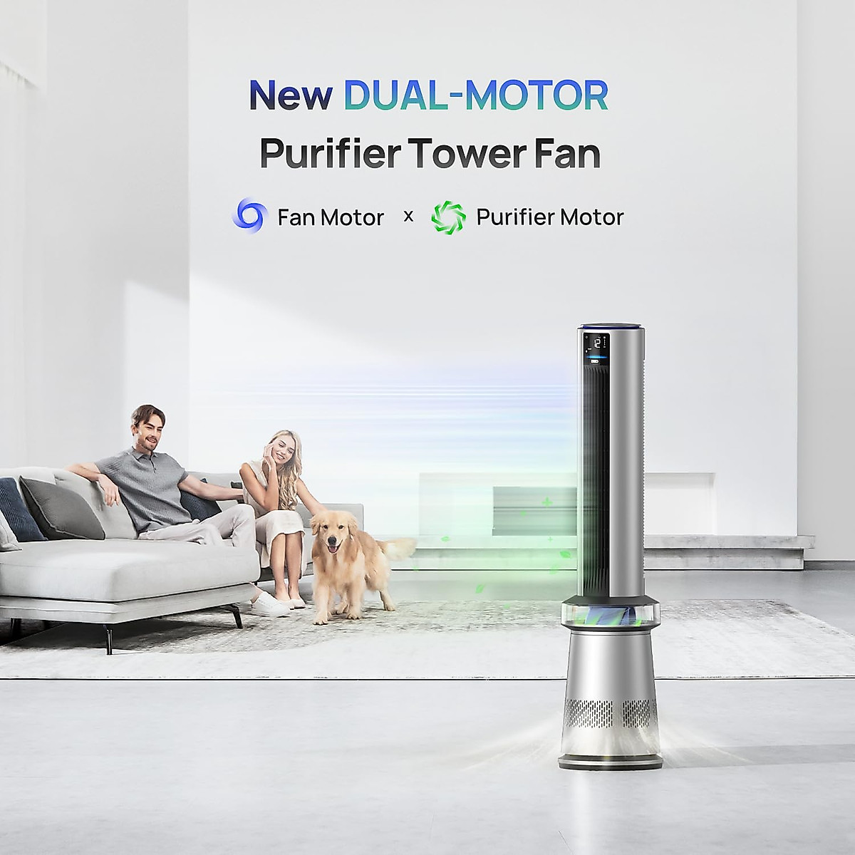 Dreo Air Purifier Tower Fan, 45" 2-in-1 Smart Fan for Bedroom, 27ft/s Velocity, 120°Oscillation, 24H Timer Bladeless Fans for Home, 25dB Low Noise, Standing Fan Works with Alexa, MC710S, Silver Blue