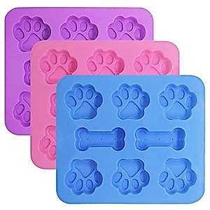 Puppy paw bone silicone mold, baking mold, used for jelly, candy, chocolate, ice cube, can bake dog snack biscuits (pink, blue, purple) three-piece set