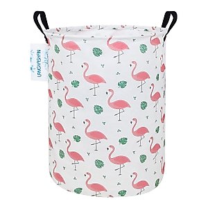 LANGYASHAN Laundry Basket Canvas Fabric Collapsible Organizer Basket for Storage Bin Toy Bins Gift Baskets Bedroom Clothes Children Nursery Hamper (Round Flamingo)