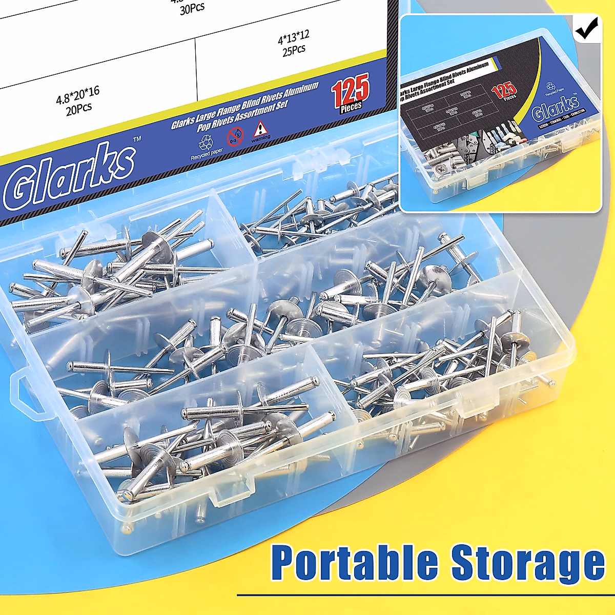 Glarks 125Pcs 5 Sizes Large Flange Aluminum Blind Rivets Pop Rivets Assortment Set for Joining Metal Plate Pipe Automotive