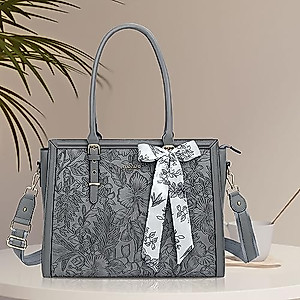 MOSISO Laptop Bag for Women, 15.6-16 inch PU Leathe Tote Bag Compatible with MacBook, HP, Dell, Asus Notebook, Front Embossed Retro Hibiscus Computer Bag with Silk Scarf&Clutch Purse, Gray