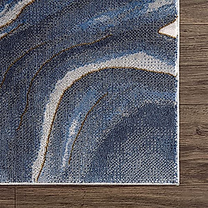 Abani Sand Wave Print Modern Blue & Grey Dining Room Rug - Non-Shedding 4’ x 6 Rugs Multicolor Swirl Pattern Area Rug