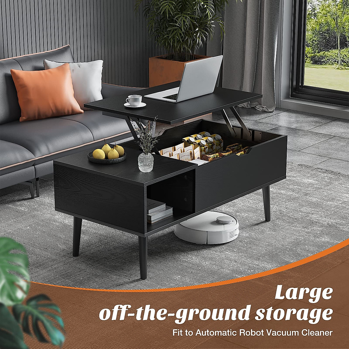 Sweetcrispy Coffee Table Black, Lift Top Coffee Tables for Living Room, Small Rising Wooden Dining Center Tables with Storage Shelf and Hidden Compartment