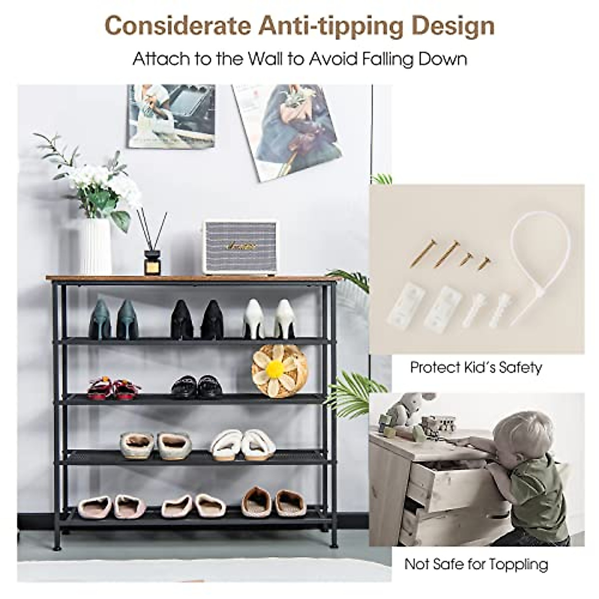 COSTWAY Shoe Rack, 5-Tier Free Standing Shoe Storage Organizer with Wooden Top, 4 Metal Mesh Shelves for 16-20 Pairs Shoes, Adjustable Protecting Feet for Entryway, Hallway, Rustic Brown and Black